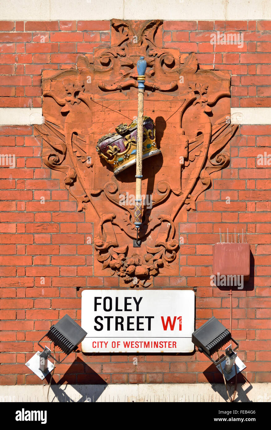 London, England, UK. Crown and Sceptre on the wall of that pub in Foley ...