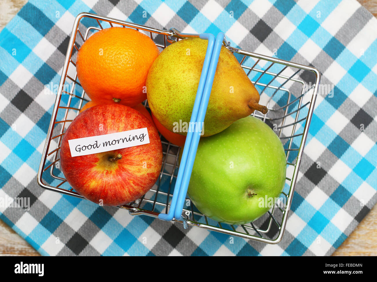 Good morning card with mini shopping basket full of fresh fruit, apples ...