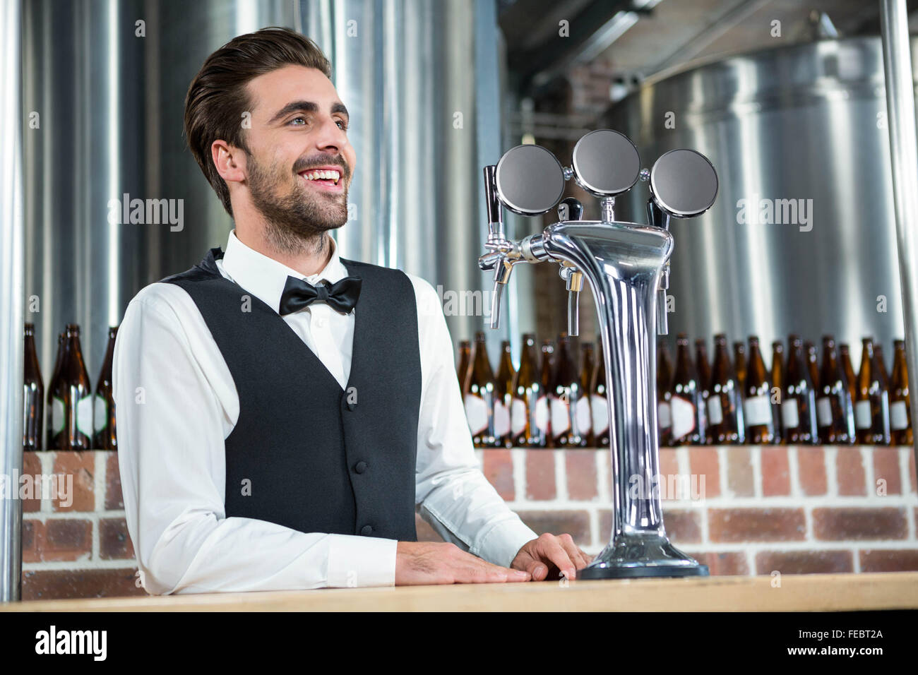 Handsome barman smiling next to the tap Stock Photo - Alamy