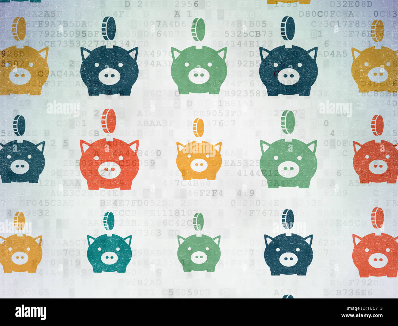 Currency concept: Money Box With Coin icons on Digital Paper background ...