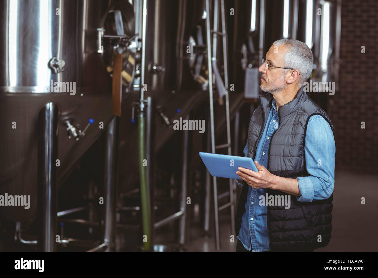Local brewer using his tablet pc Stock Photo - Alamy