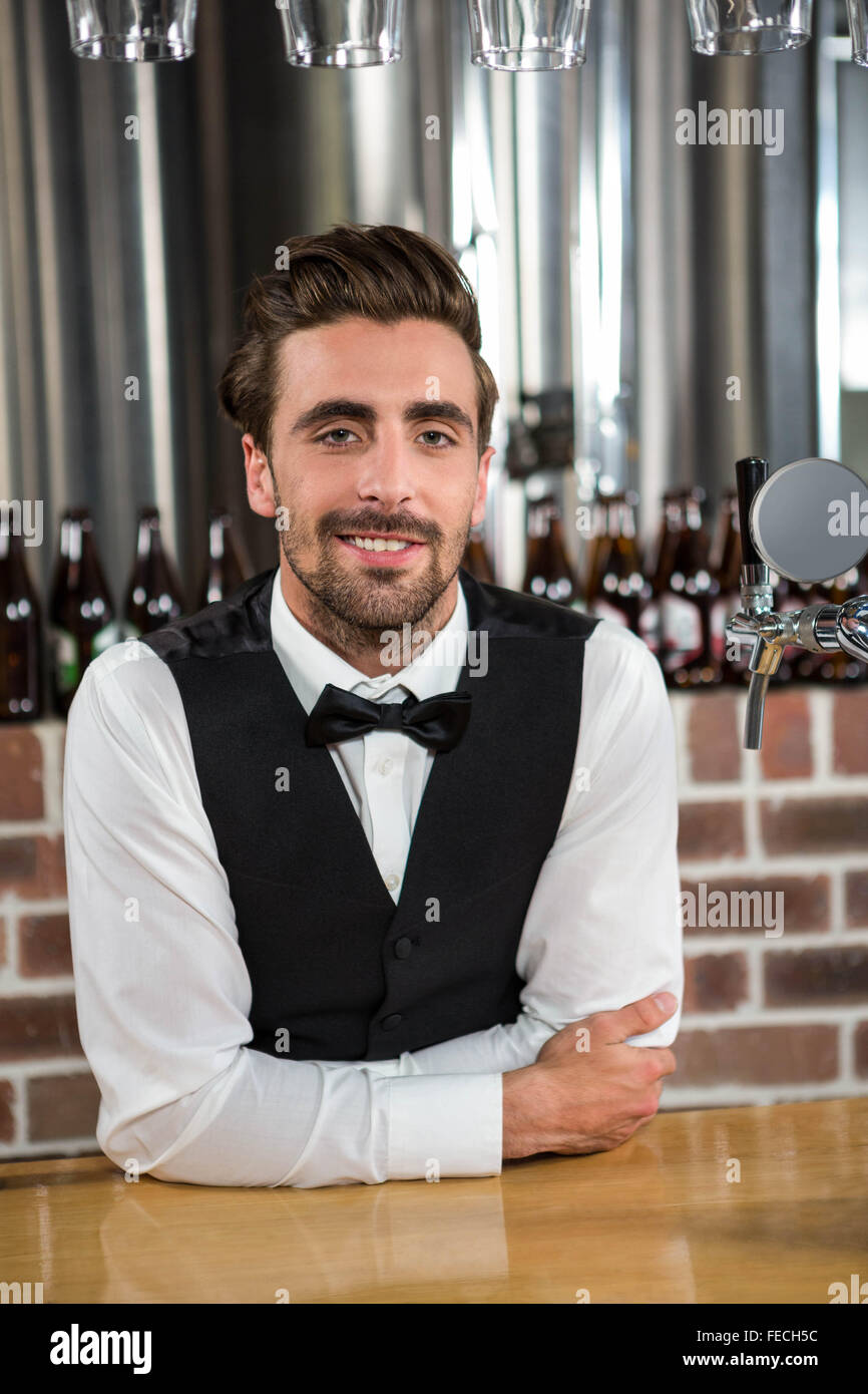 Handsome barman leaning on counter Stock Photo - Alamy