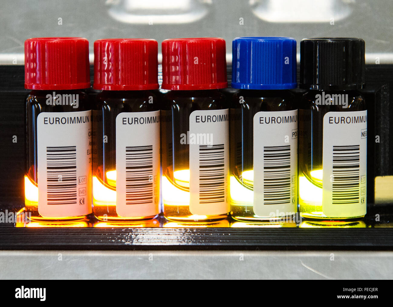 Dassow, Germany. 05th Feb, 2016. A test exmanies the colour of reagents ...