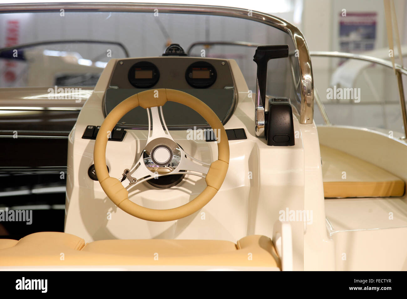 Instrument panel and steering wheel of a motor boat cockpit Stock Photo ...