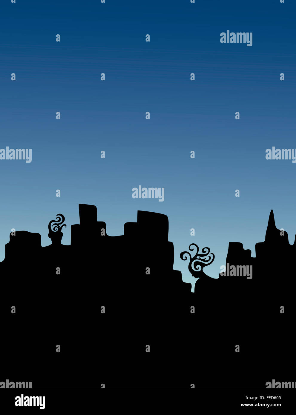A man and a woman as part of a silhouetted city skyline. Thinking of ...