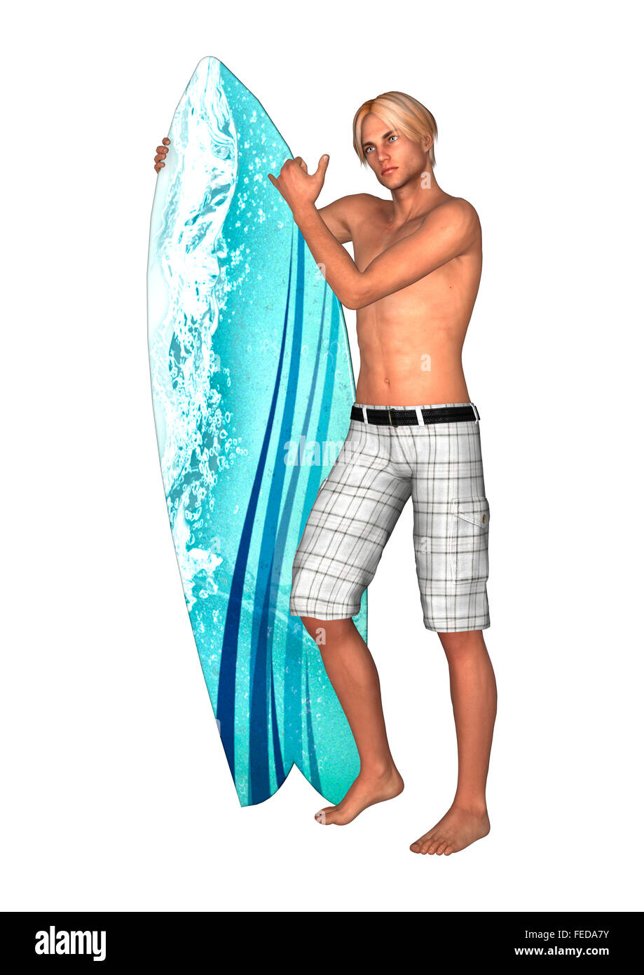 3D digital render of a male handsome surfer isolated on white ...