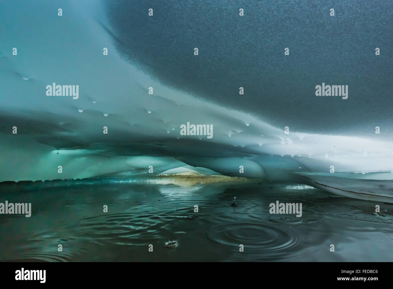 Ice cave melting and dripping onto the surface of a tarn below Camp ...