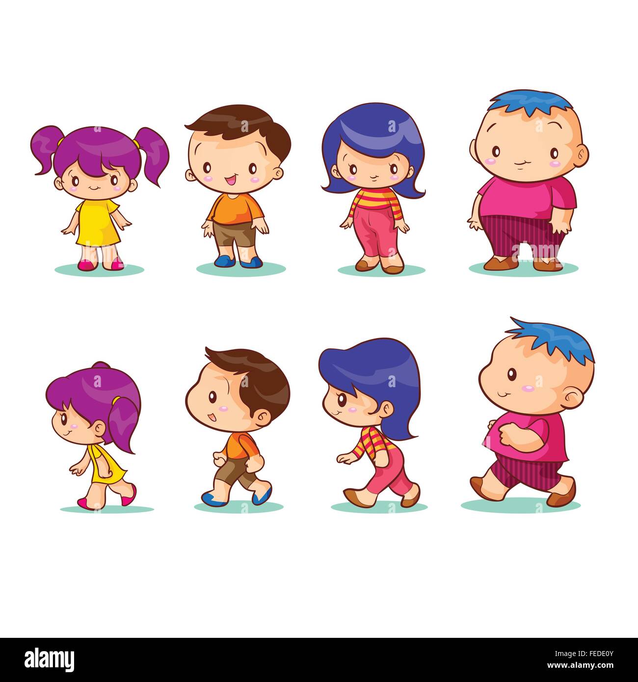 boy and girl character.Children in different positions. Happy kids ...