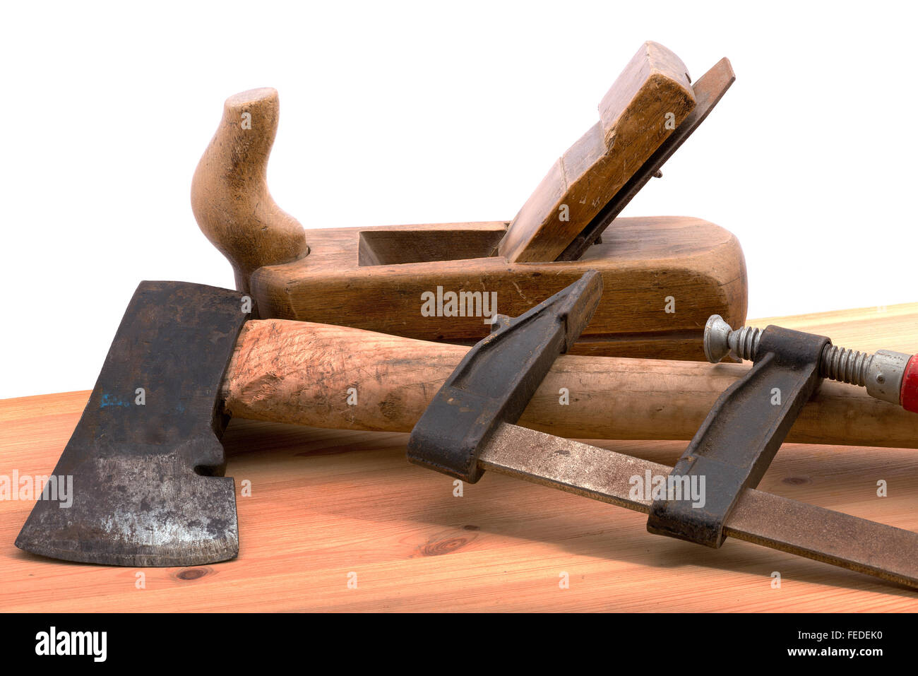 old used tools on the wooden desk Stock Photo - Alamy