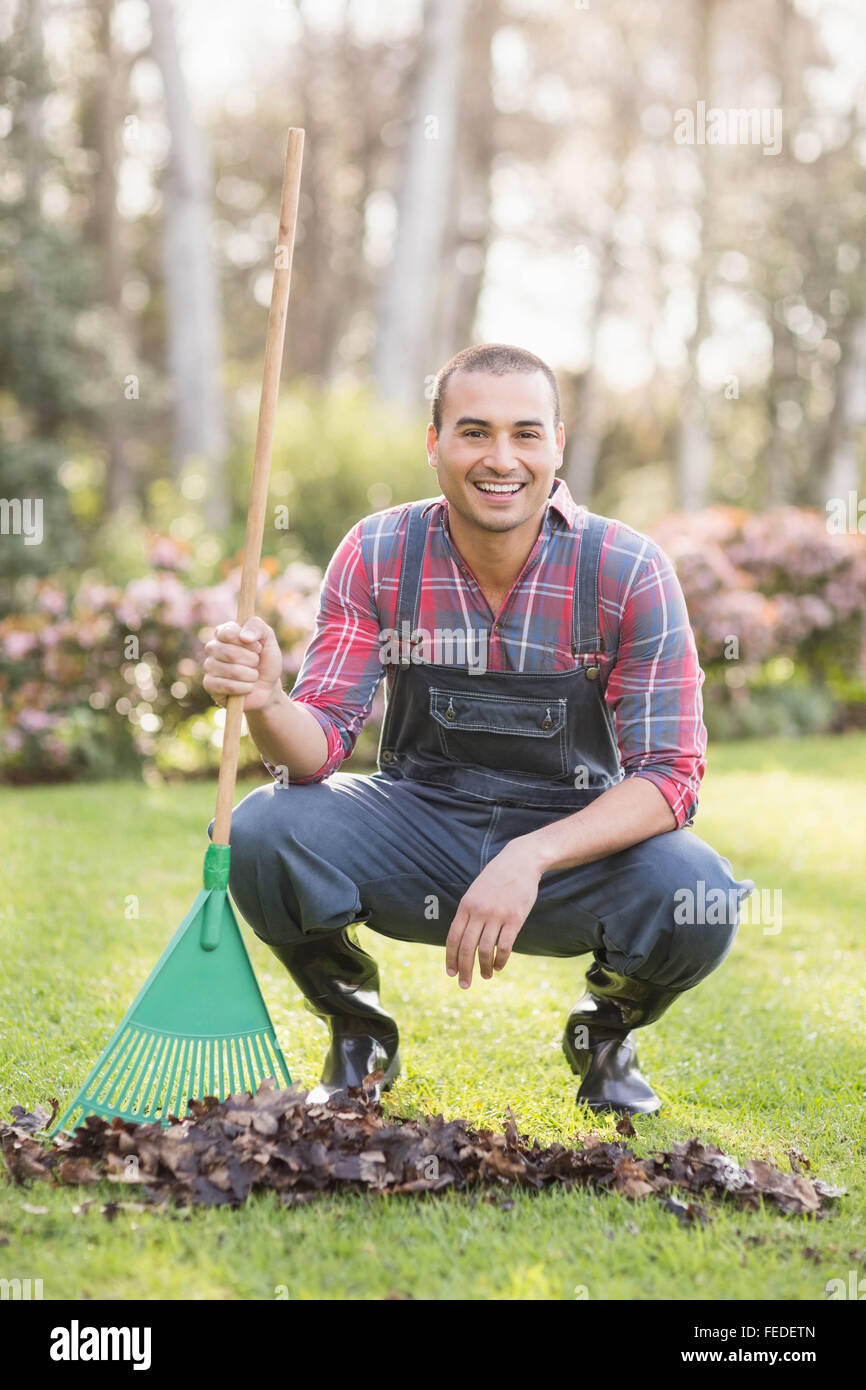 Gardener man raking the leaves Stock Photo - Alamy