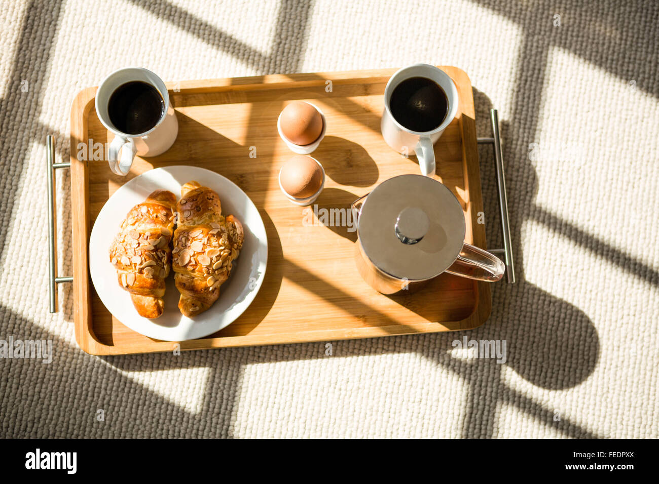 Overhead of breakfast tray at home Stock Photo - Alamy