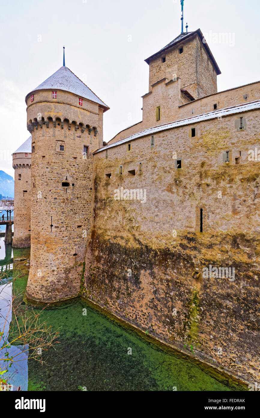 VEYTAUX, SWITZERLAND - JANUARY 2, 2015: Front tower of Chillon Castle ...