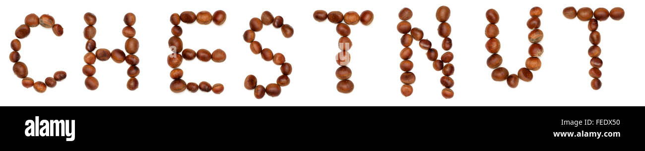 Isolated lettering "Chestnut" over white made out of chestnuts Stock ...