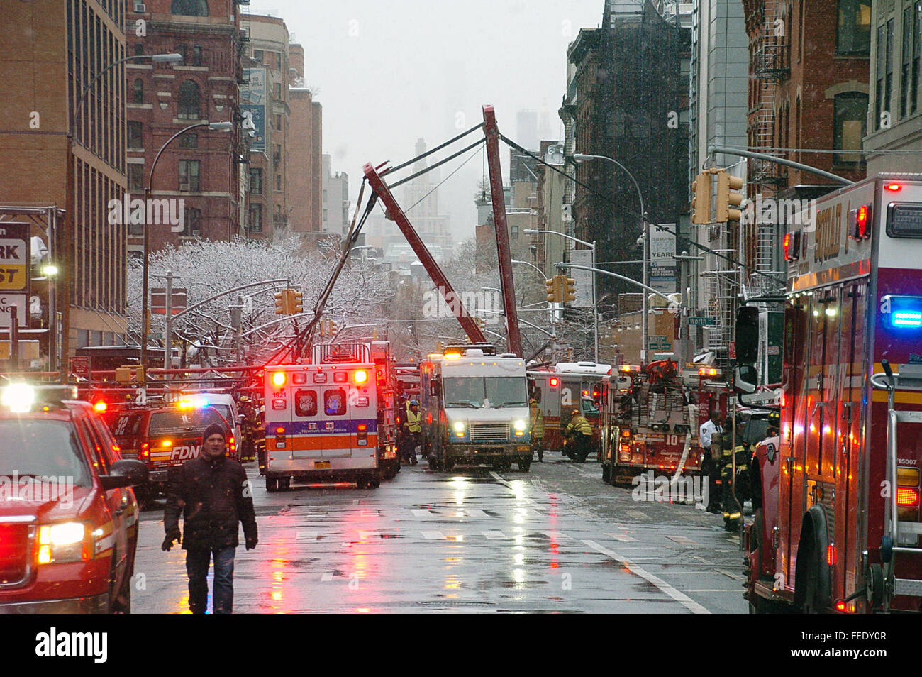 New York, New york. 5th Feb, 2016. Rescuers gather at the site of crane ... New York, New york. 5th Feb, 2016. Rescuers gather at the site of crane ...