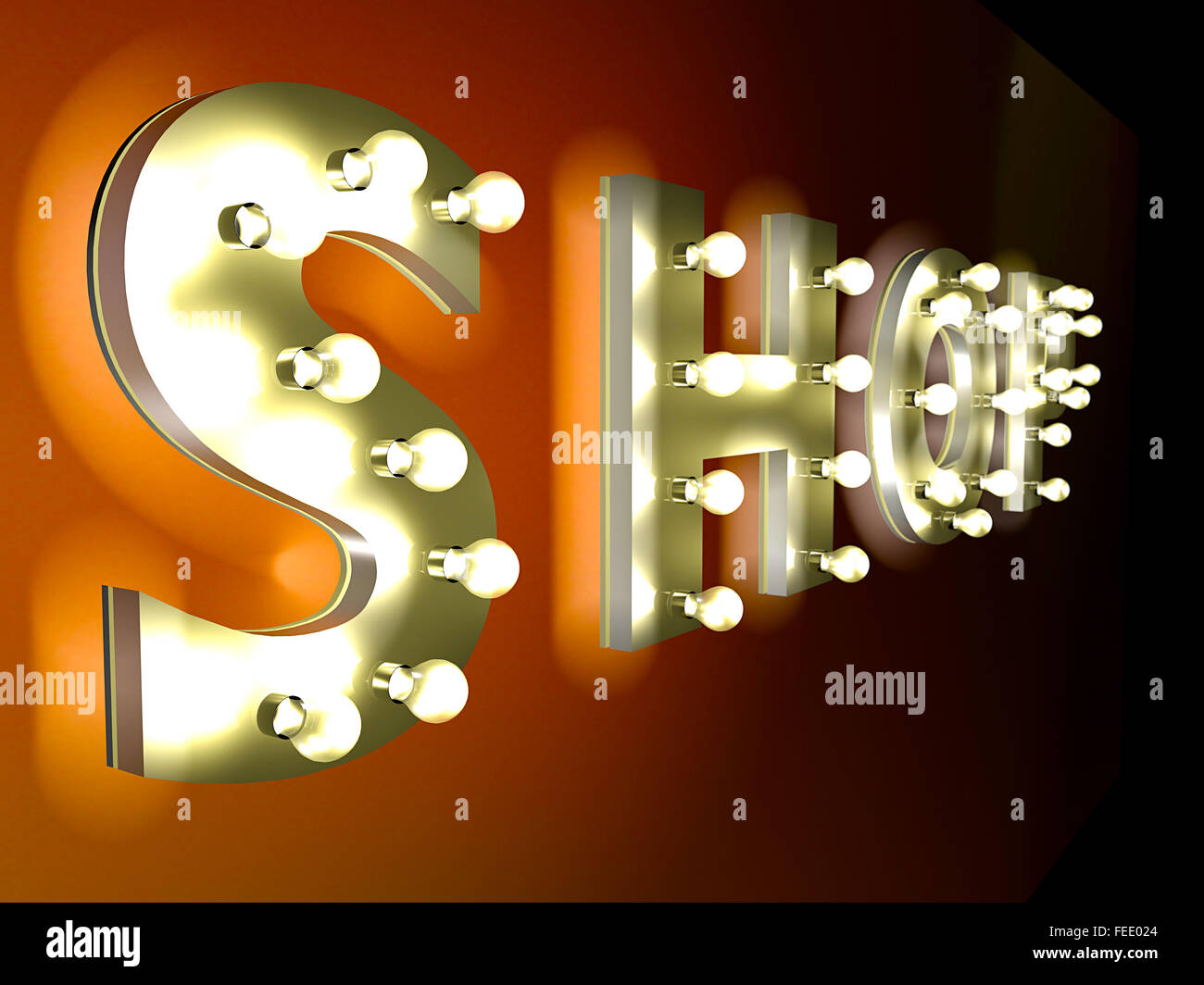 3d Store Sign with lighting bulbs on orange background Stock Photo - Alamy