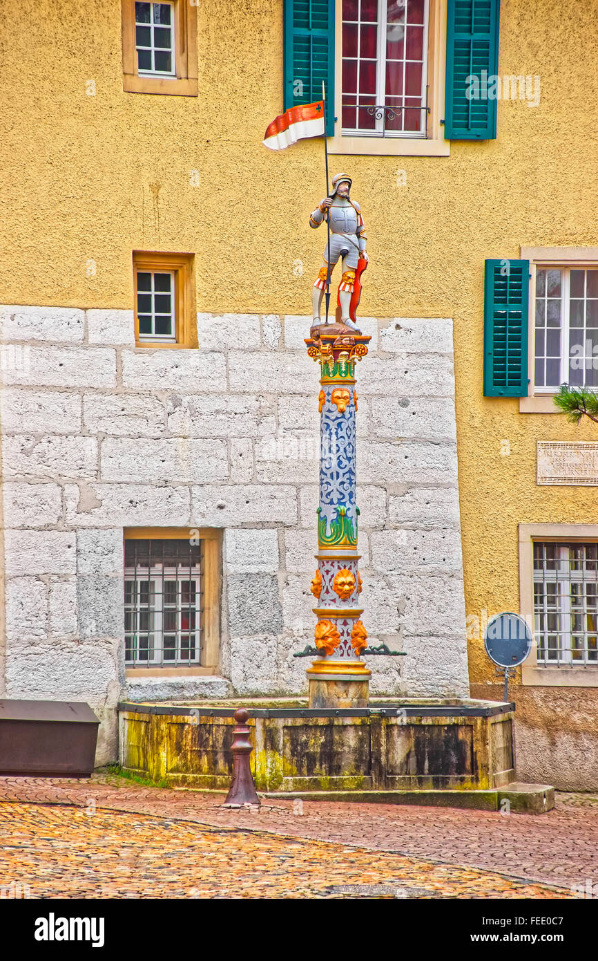 Street view with Fountain in the Old City of Solothurn. Solothurn is ...