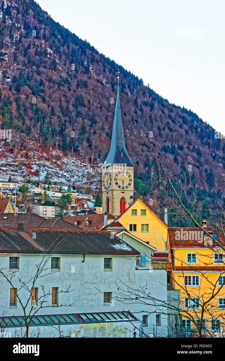 View to Church of St Martin and Alps in Chur. Chur is the capital of ...