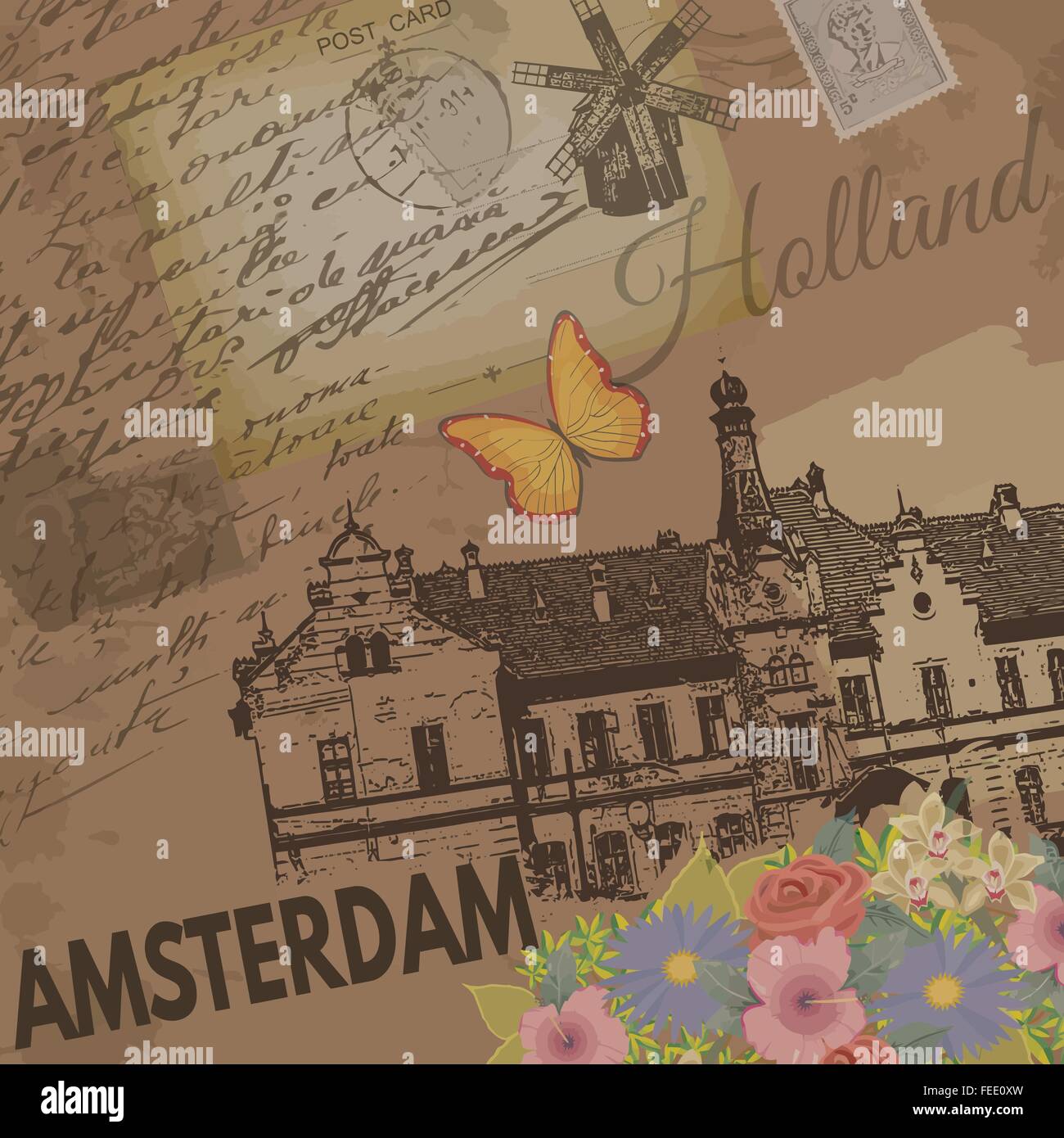 Amsterdam vintage poster on nostalgic retro background with old post ...