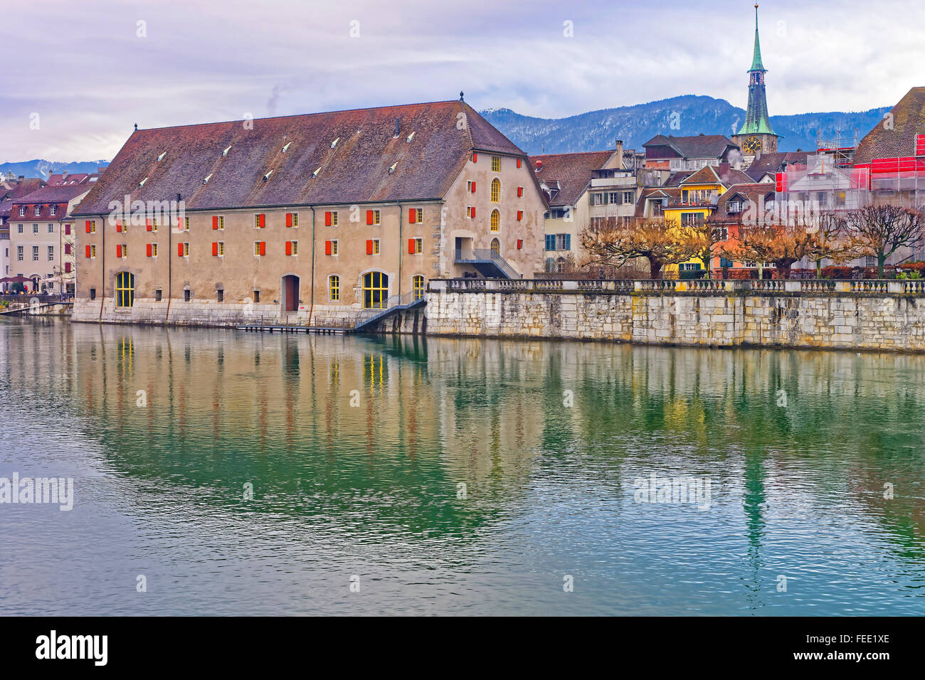 Waterfront with Landhaus and Clock Tower in Solothurn. Solothurn is the ...