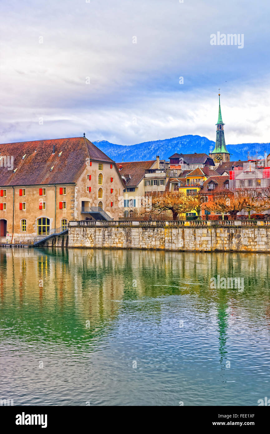 Waterfront with Landhaus and Clock Tower of Solothurn. Solothurn is the ...