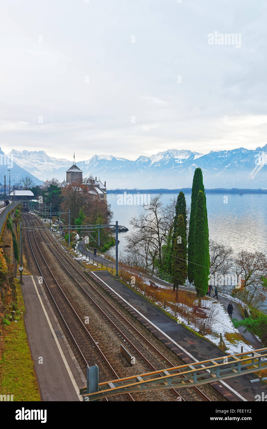 VEYTAUX, SWITZERLAND - JANUARY 2, 2015: View to the Chillon Castle from ...