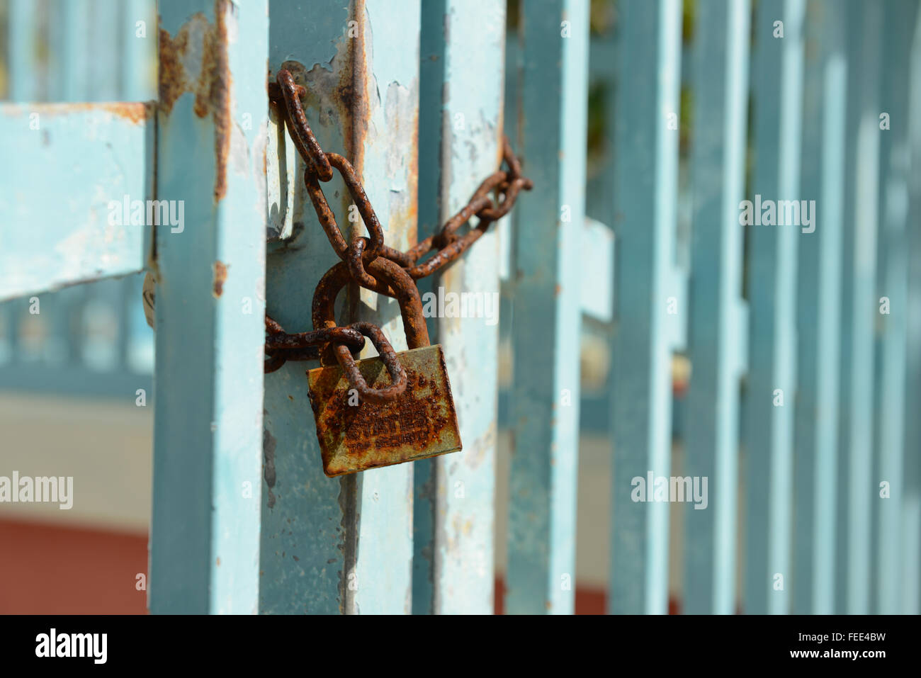 Rusted lock and chain at a gate at Vacation Center Punta Guillarte ...