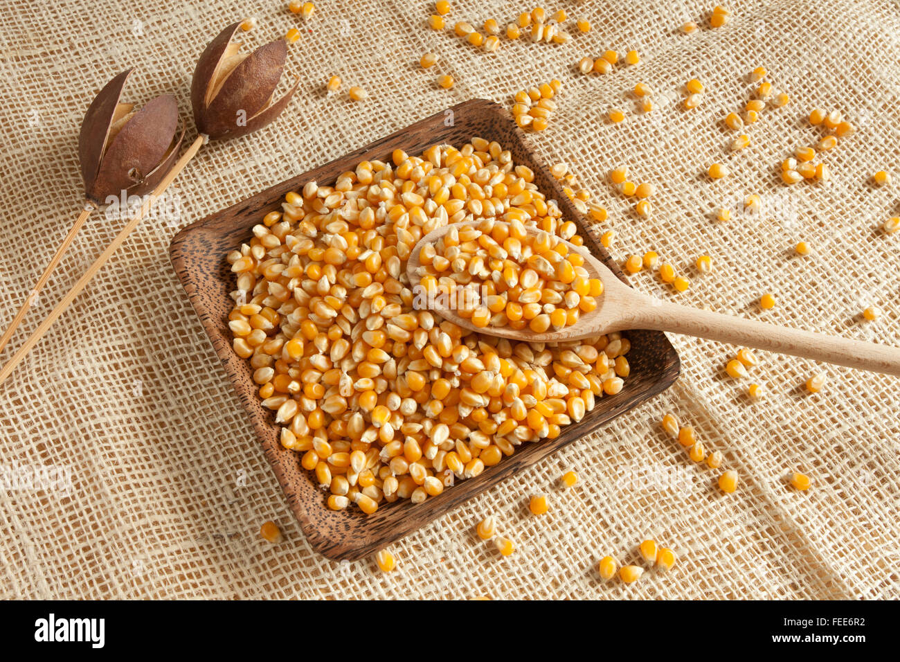 corn as natural ingredient inside a wooden cup, country style Stock ...