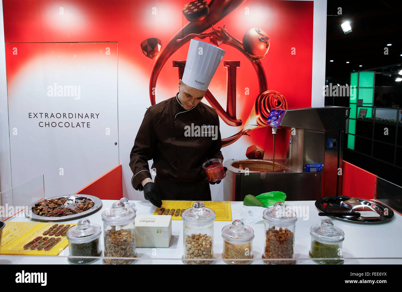 Brussels, Feb. 5. 7th Feb, 2016. A chocolate master makes chocolate ...