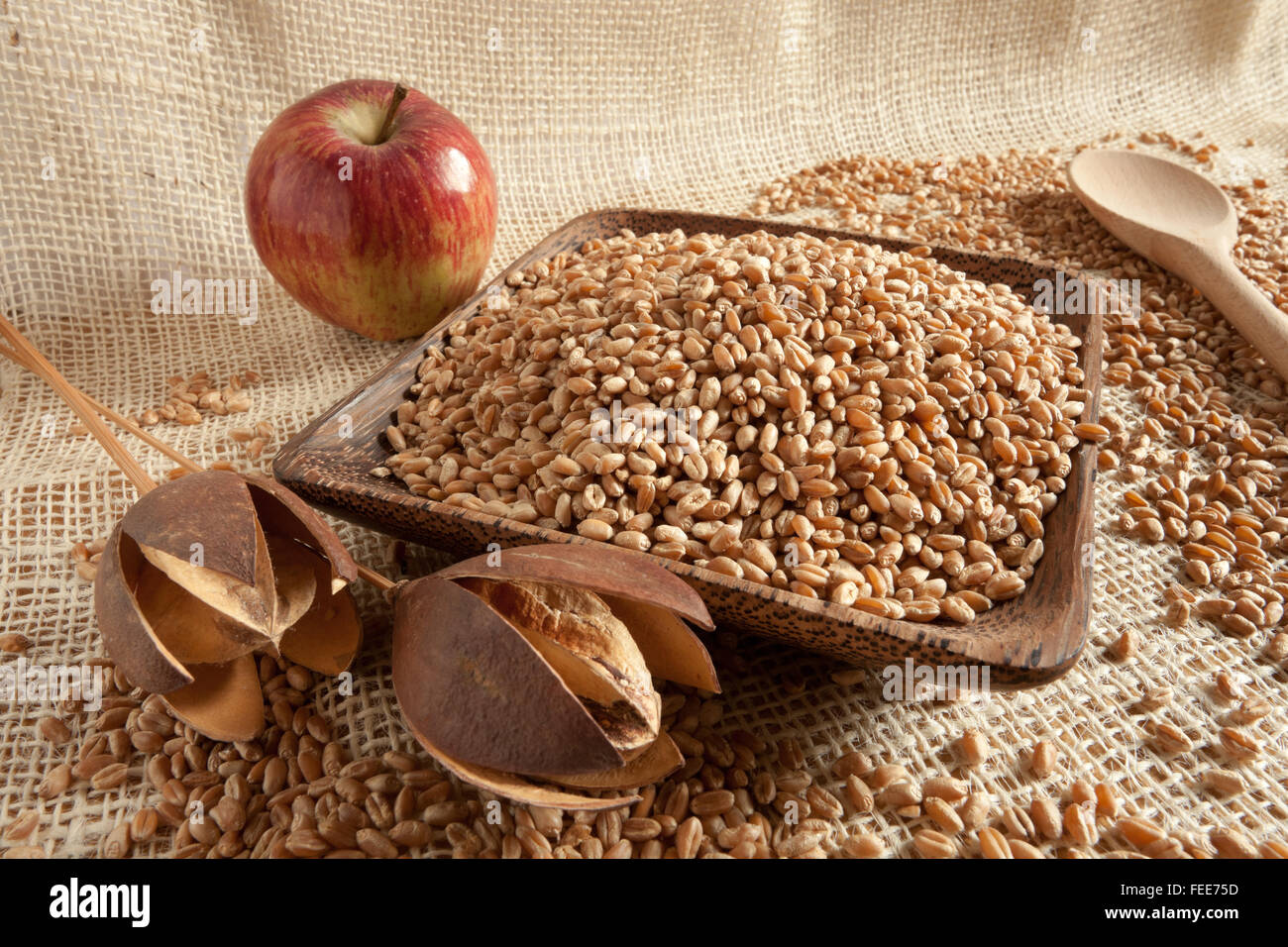 wheat as natural food inside a wooden cup, country style Stock Photo ...