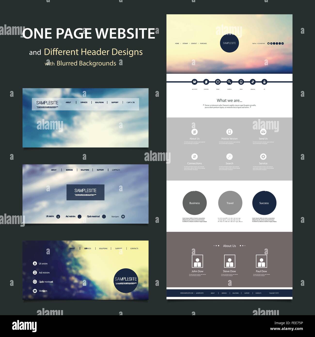 One Page Website Template and Different Header Designs with Blurred ...
