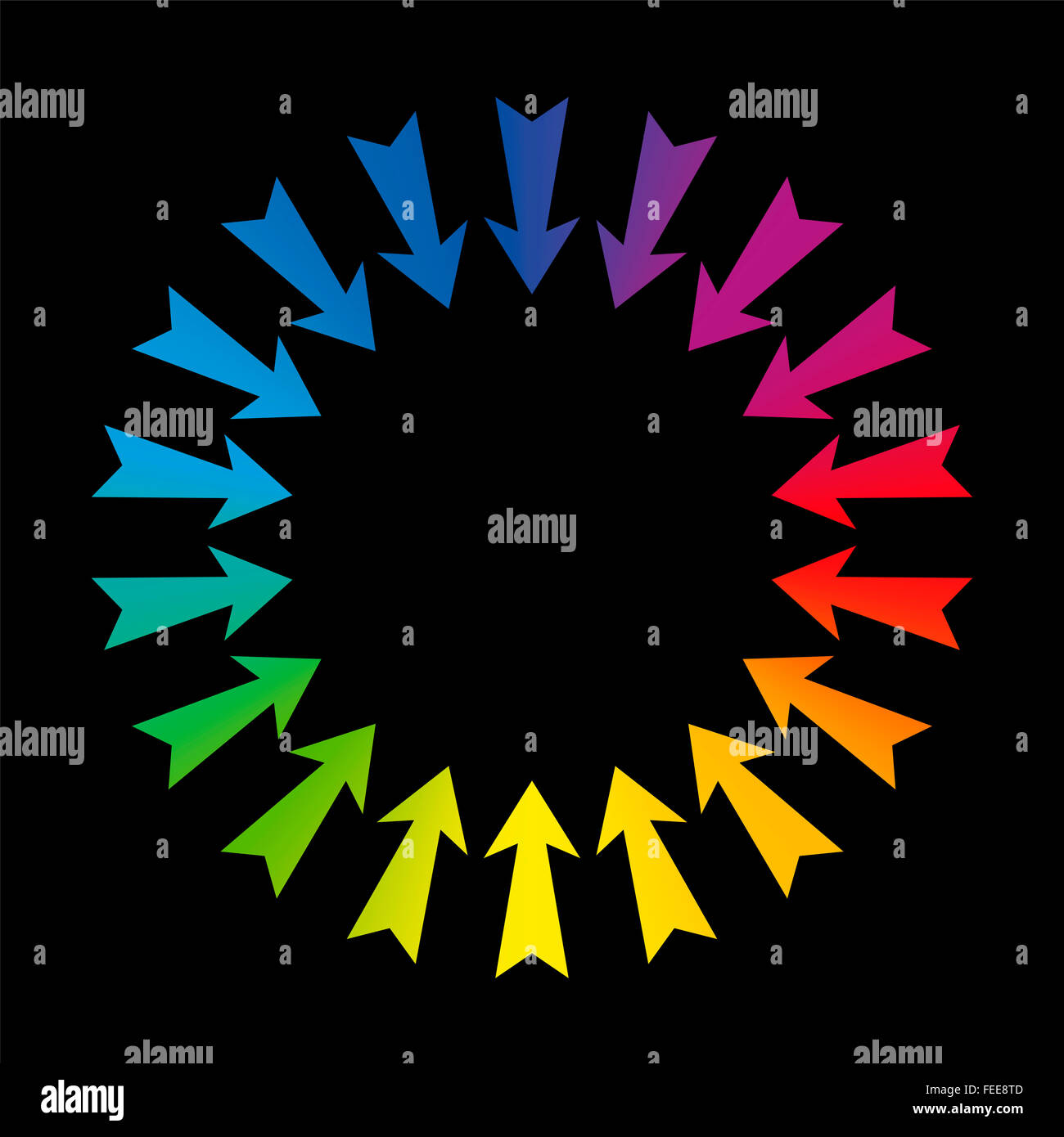 Arrows showing to center - rainbow colored on black background Stock ...