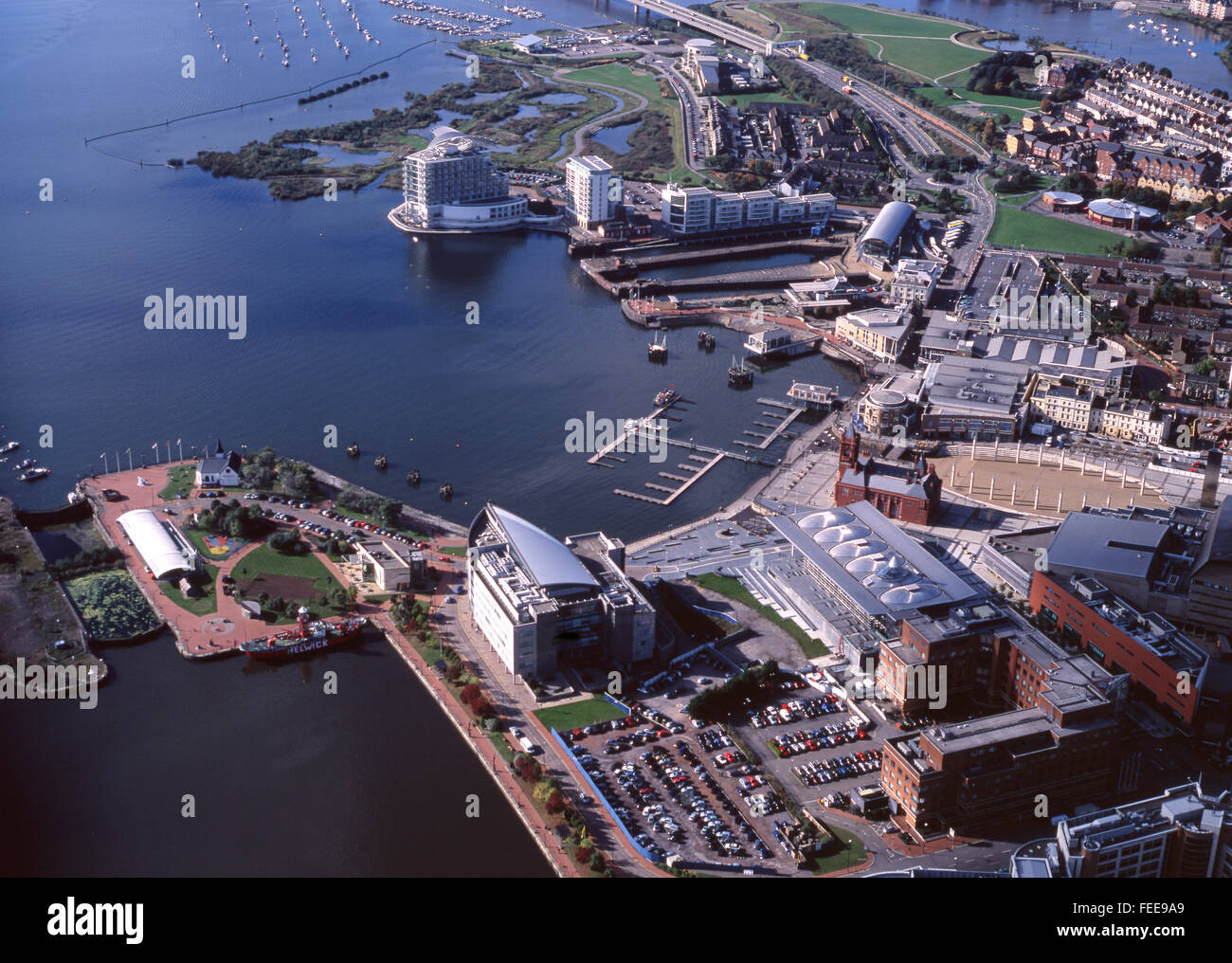 Aerial view of Cardiff Bay waterfront area with Norwegian Church ...