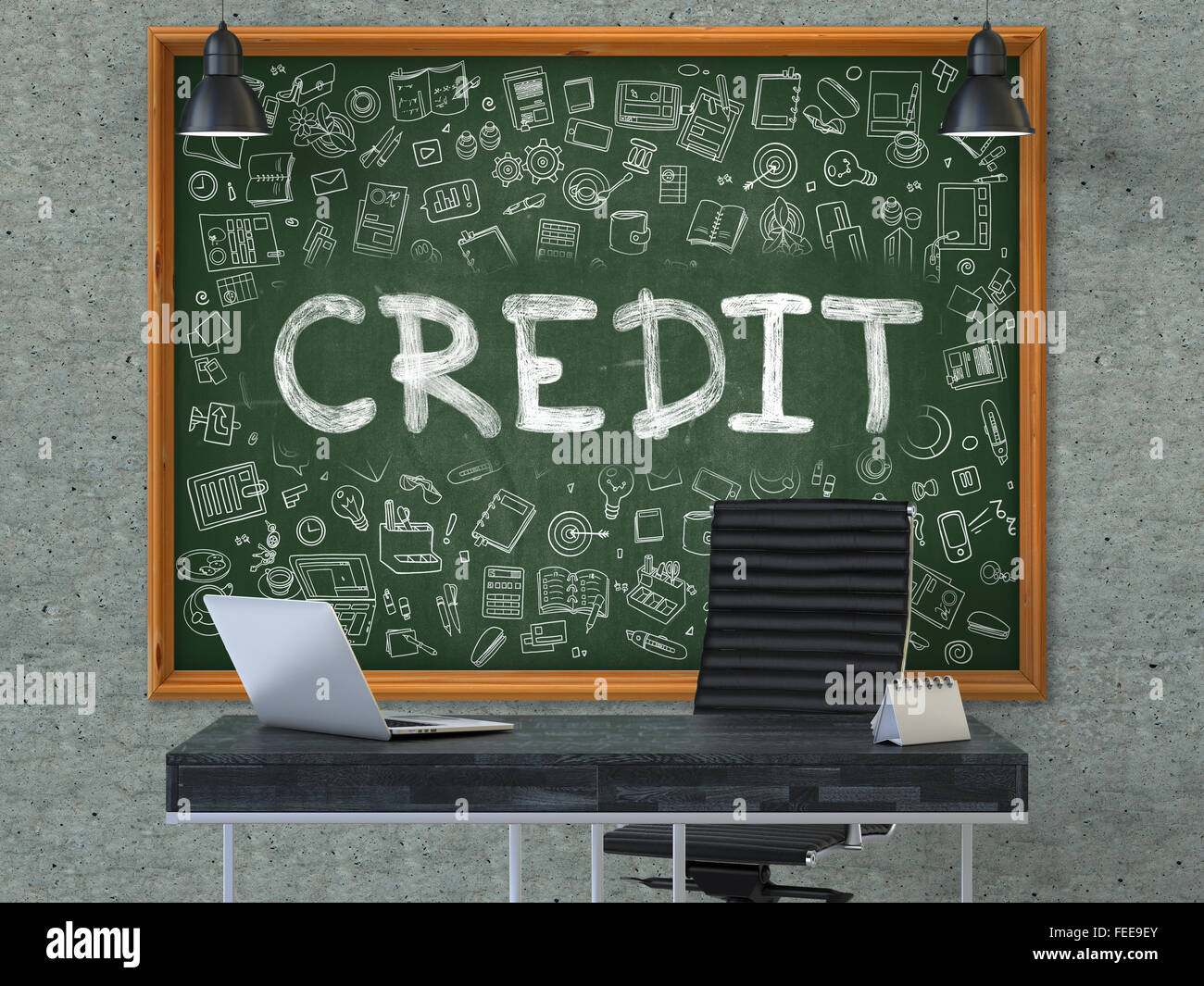 Credit on Chalkboard with Doodle Icons Stock Photo - Alamy
