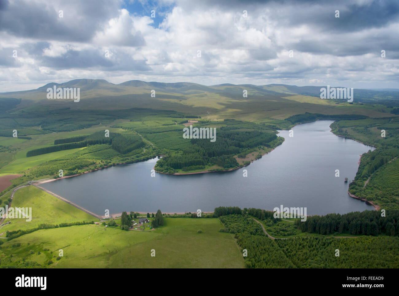 Usk Reservoir lake aerial view looking towards Black Mountain Brecon ...