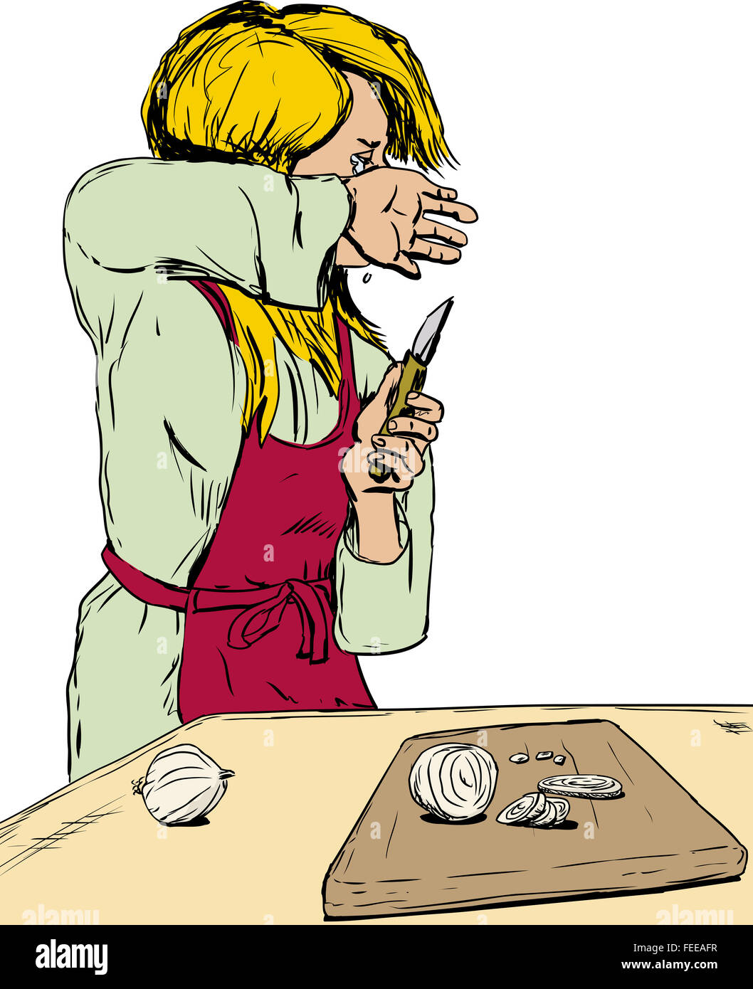Sketch of single blond Caucasian female in red apron cutting onions and ...