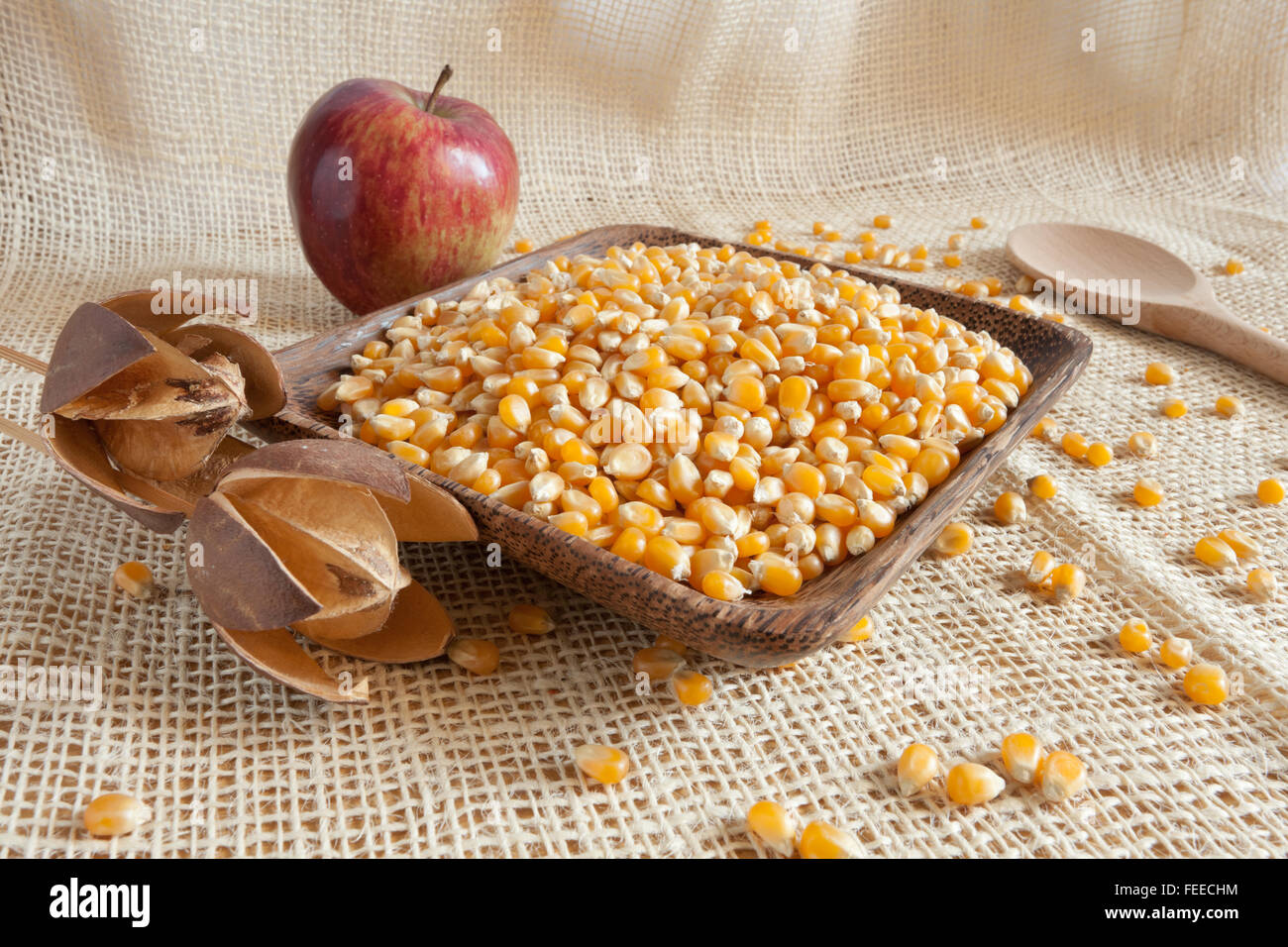 corn as natural ingredient inside a wooden cup, country style Stock ...