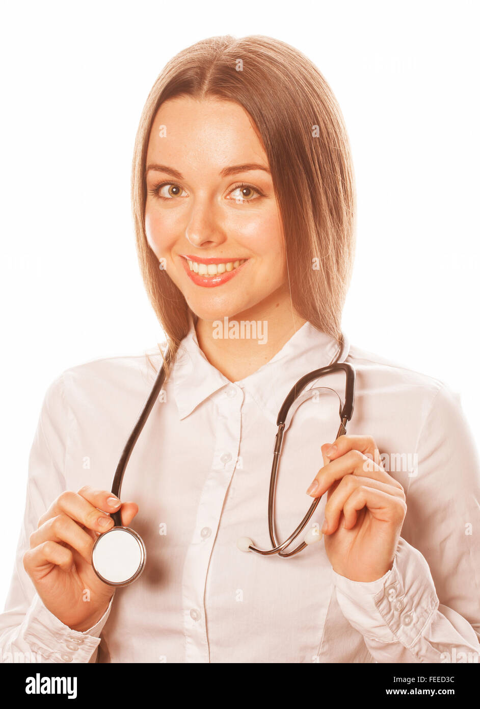 young pretty woman doctor with stethoscope on white background Stock ...