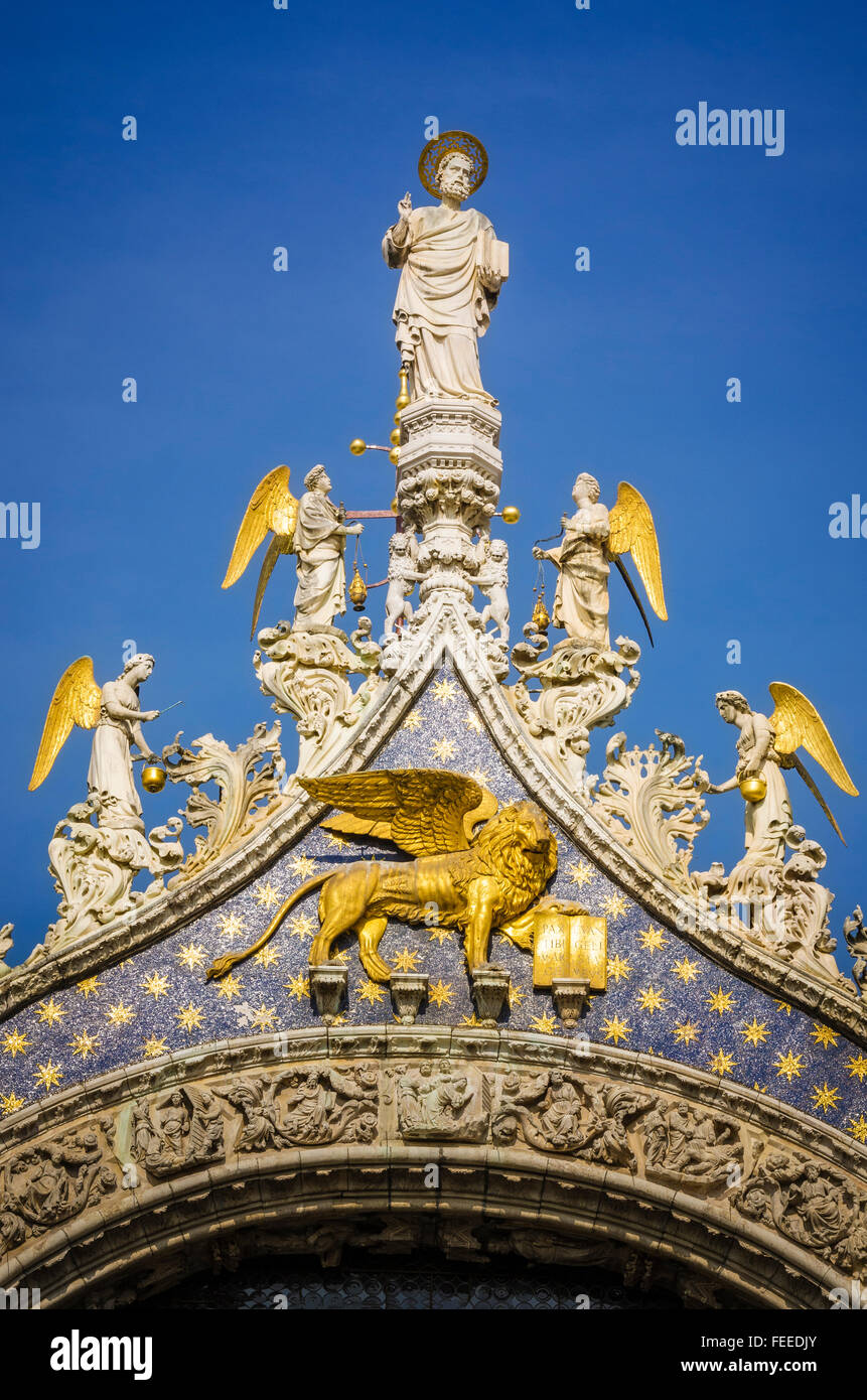 Gable detail and statue of St. Mark, Basilica San Marco (Saint Mark's ...