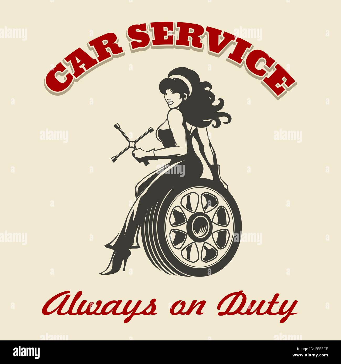 Beautiful girl mechanic sitting on a wheel. Car Service emblem or ...