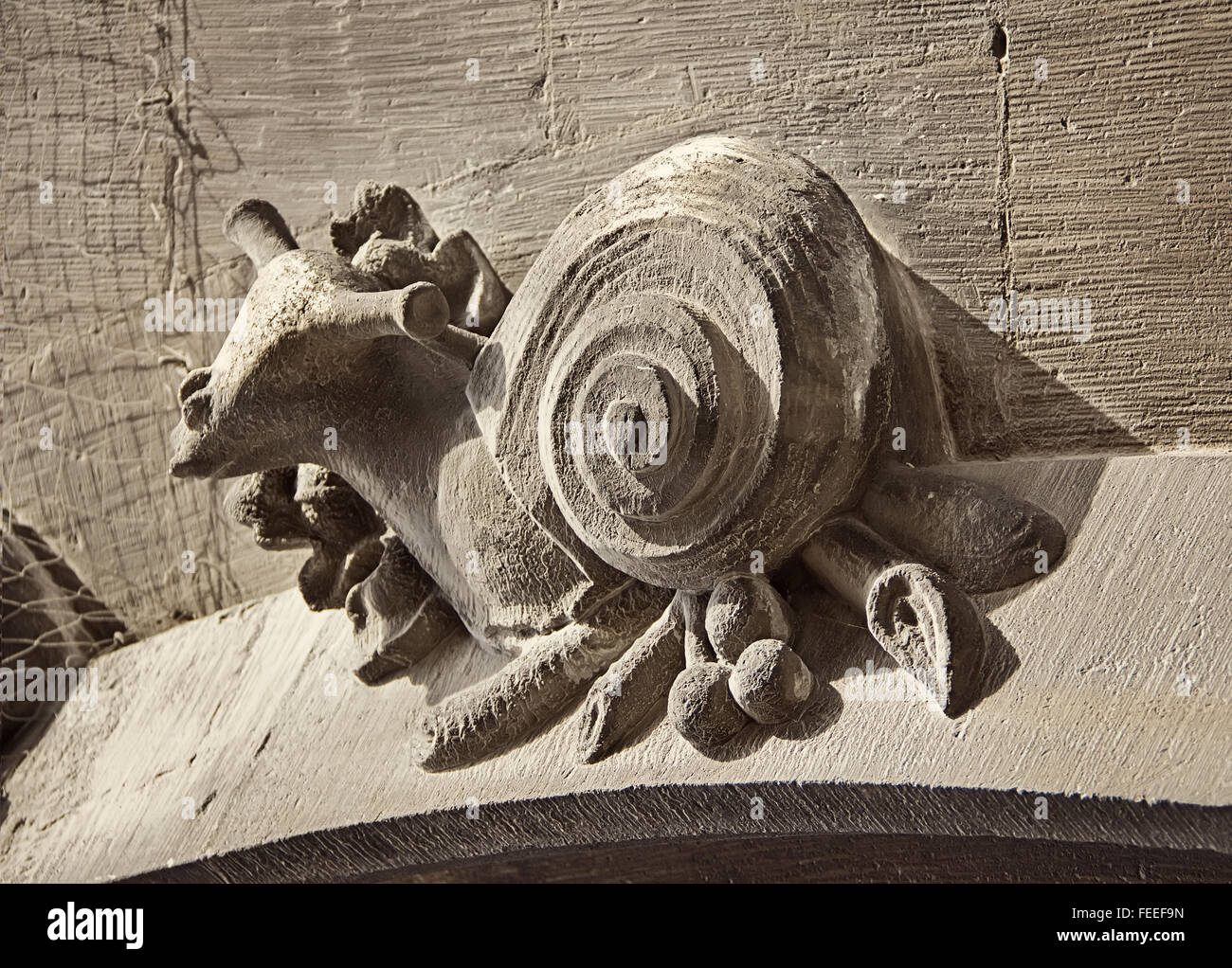 Stony gothic figure of snail on Town Hall in Marienplatz, Munich ...