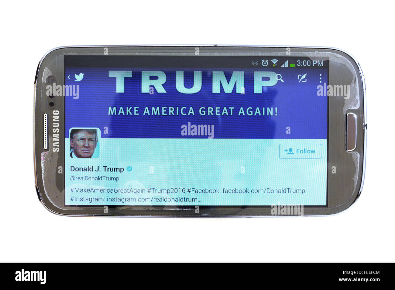 Donald Trump's Twitter account on a smartphone screen photographed ...