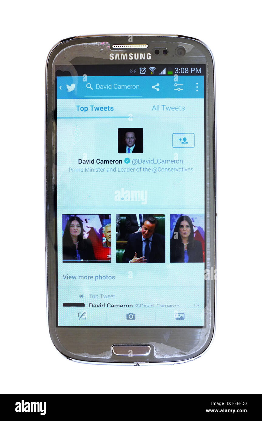 David Cameron's Twitter account on a smartphone screen photographed ...