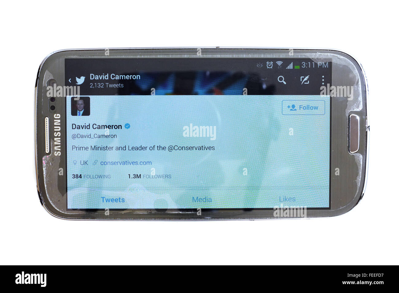 David Cameron's Twitter account on a smartphone screen photographed ...