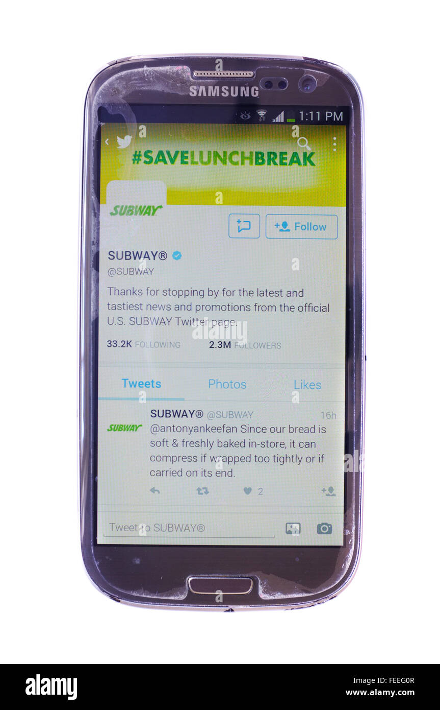 The Subway Twitter account on the screen of a smartphone photographed ...