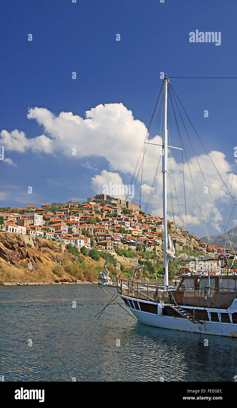 Boats in the Harbour with the medieval Greek castle of Mithymna on the ...