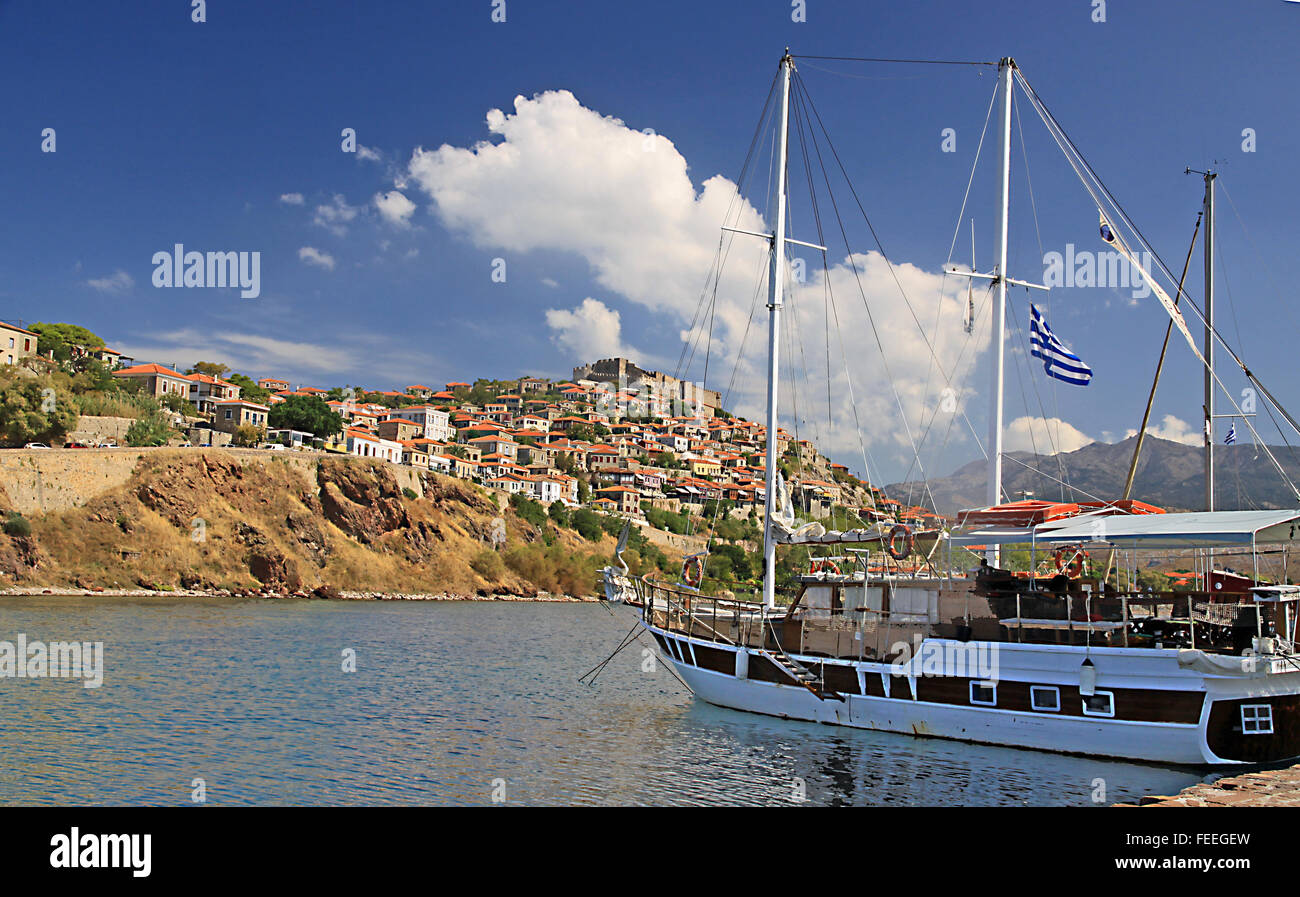 Boats in the Harbour with the medieval Greek castle of Mithymna on the ...