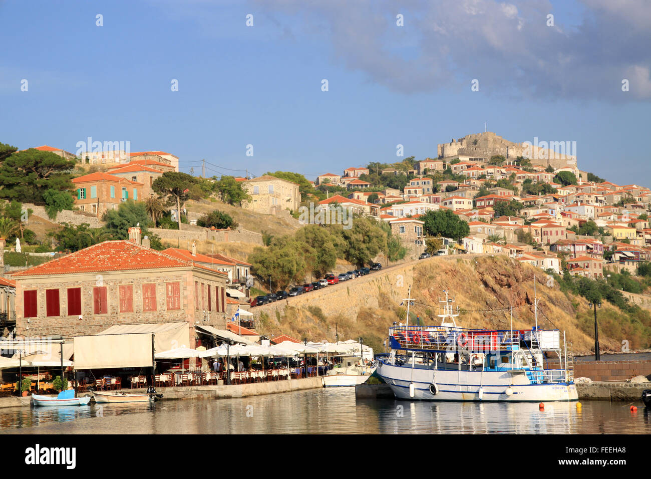Boats in the Harbour with the medieval Greek castle of Mithymna on the ...