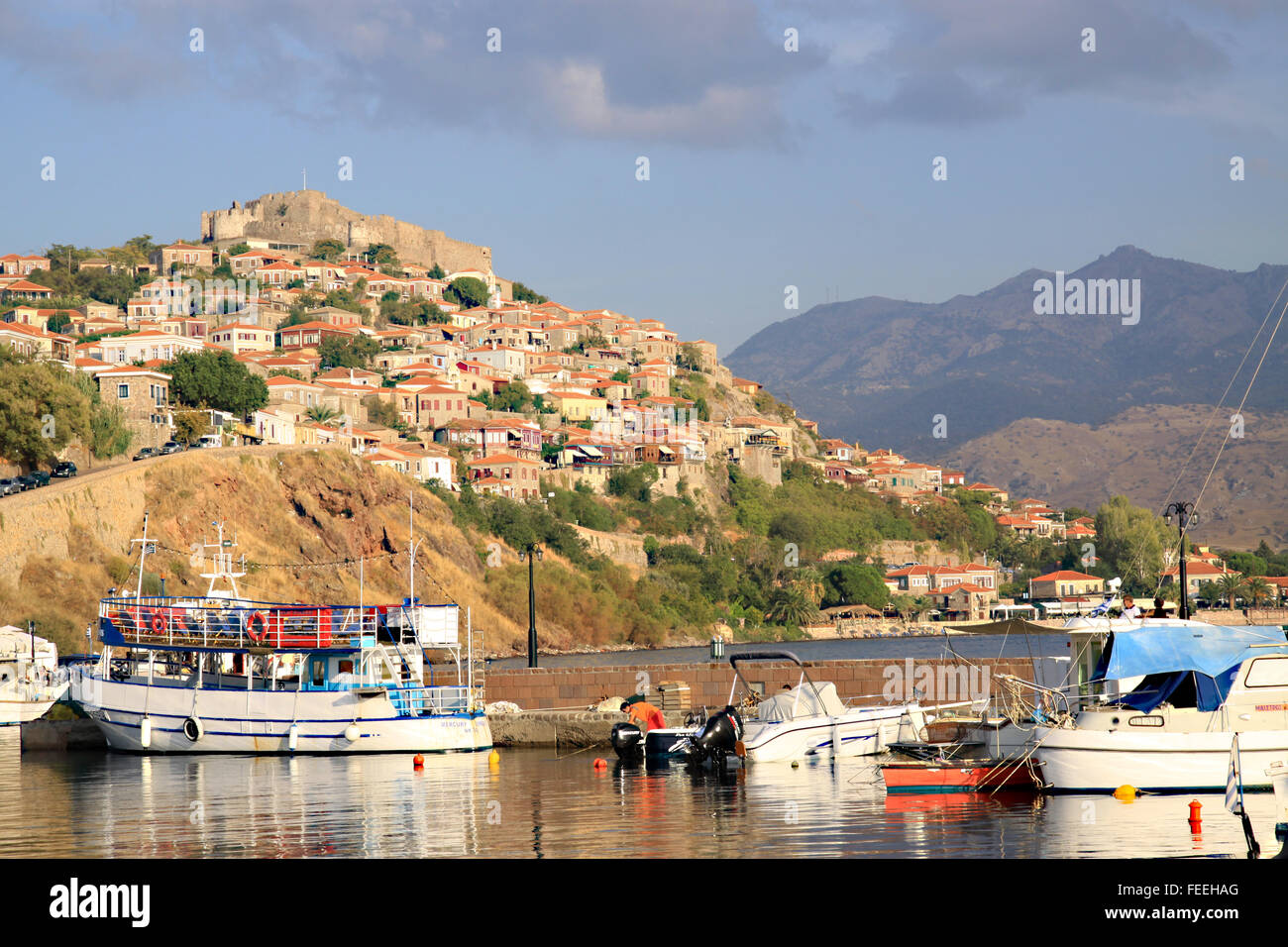 Boats in the Harbour with the medieval Greek castle of Mithymna on the ...