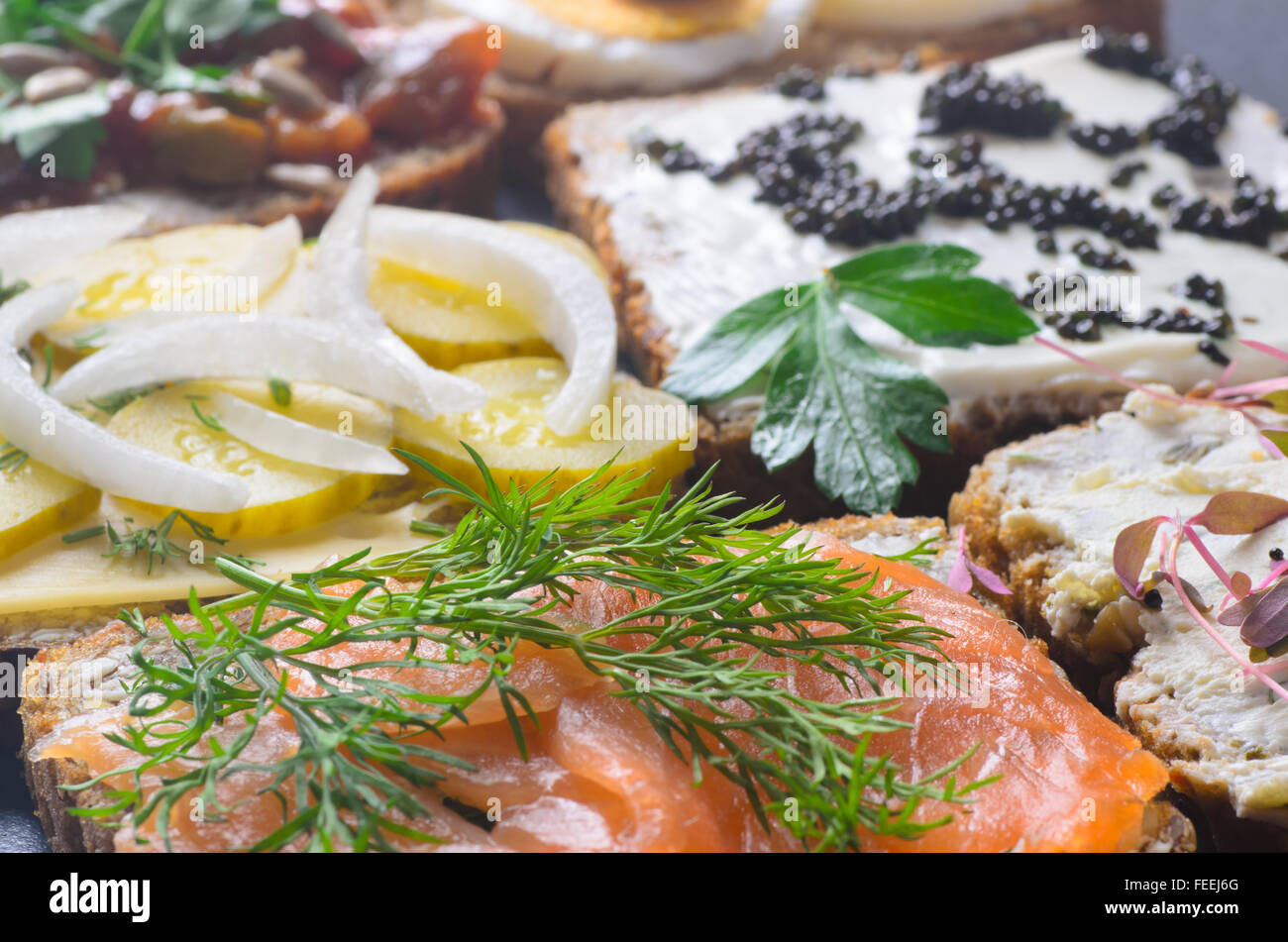 group open sandwiches on table Stock Photo - Alamy