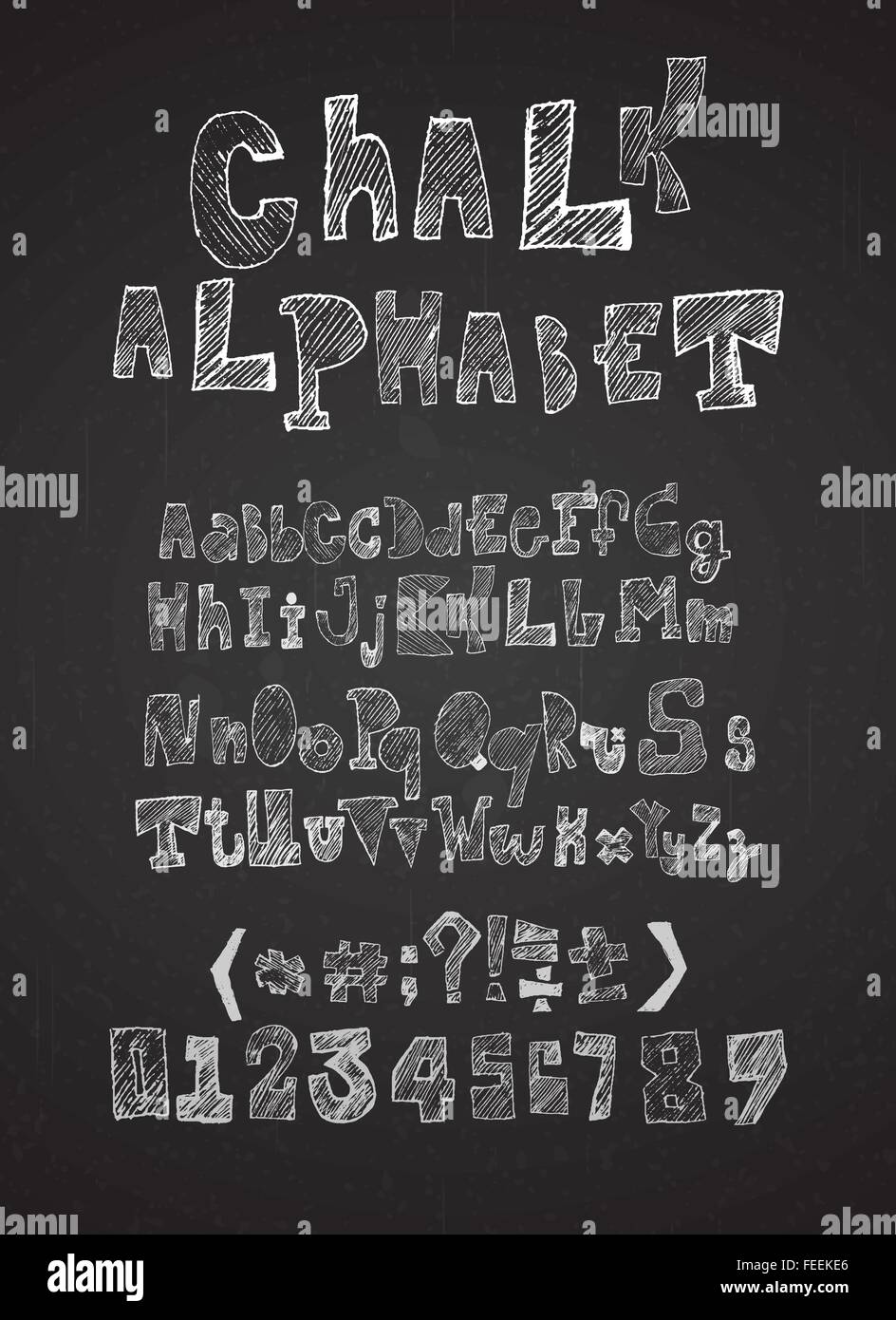 Hand drawn hatched chalk alphabet vector, uppercase, lowercase, numbers ...